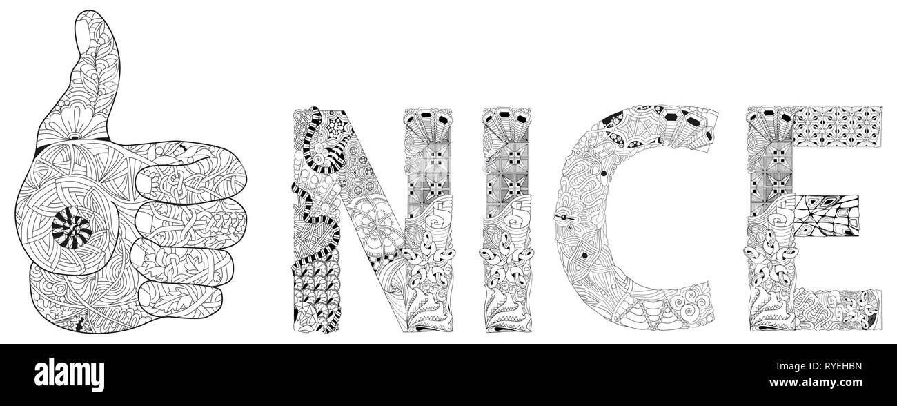 Hand thumbs up icon zentangle styled with word NICE with clean lines ...