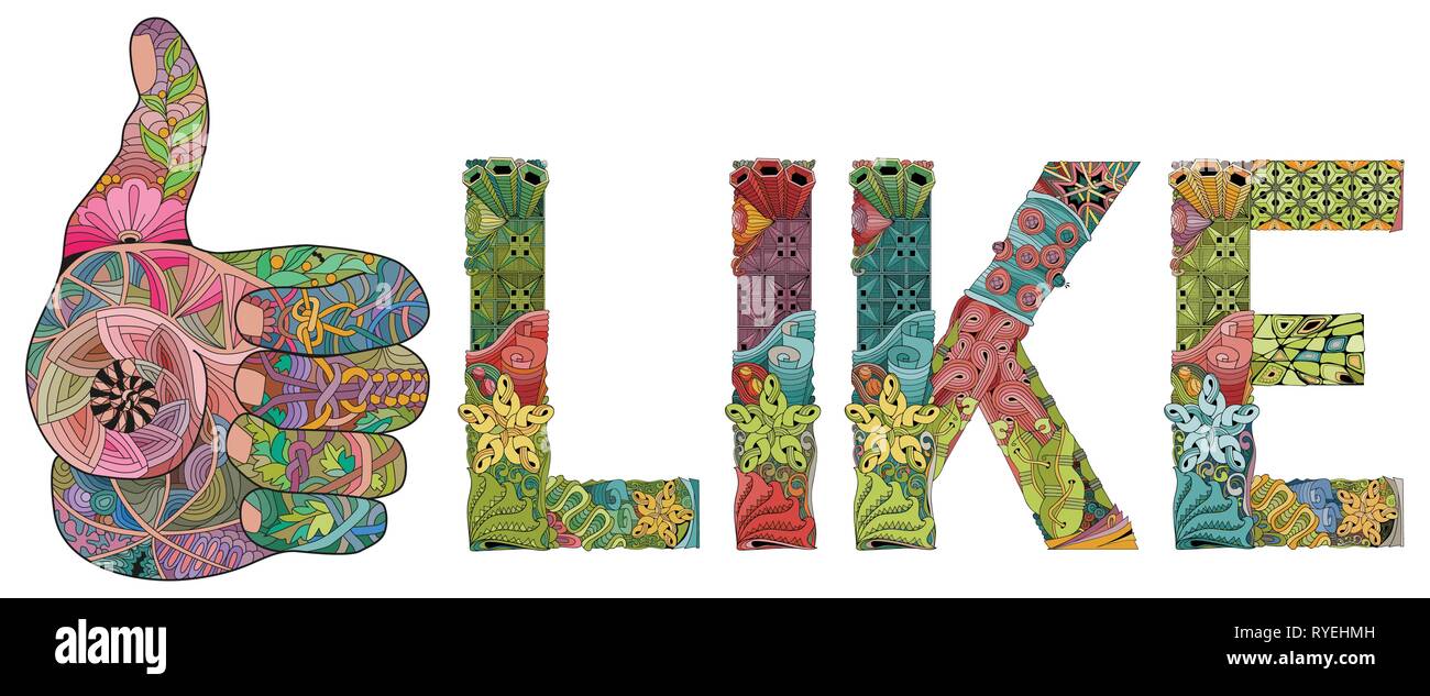 Hand thumbs up icon zentangle styled with word LIKE with clean lines ...