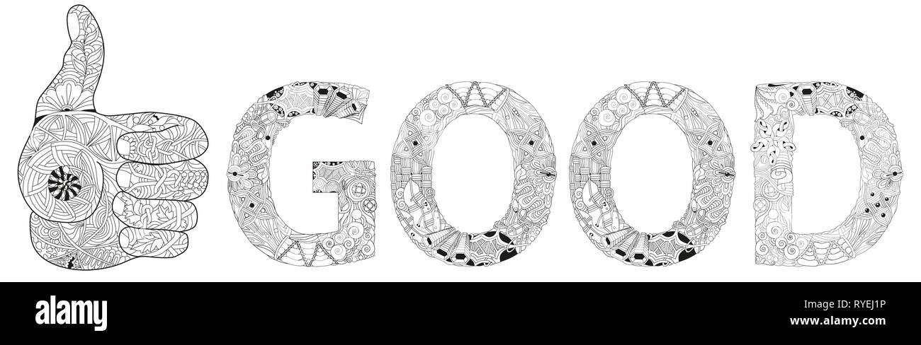 Hand thumbs up icon zentangle styled with word GOOD with clean lines ...