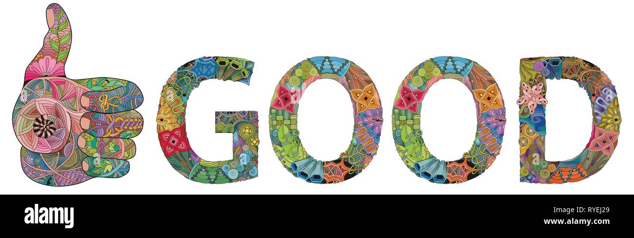 Hand thumbs up icon zentangle styled with word GOOD with clean lines ...