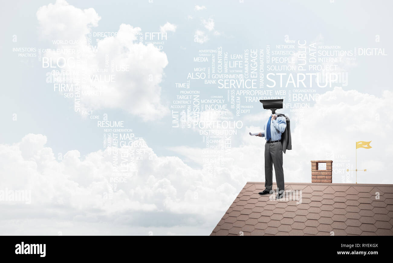 Concept of home security and privacy protection with camera headed man ...