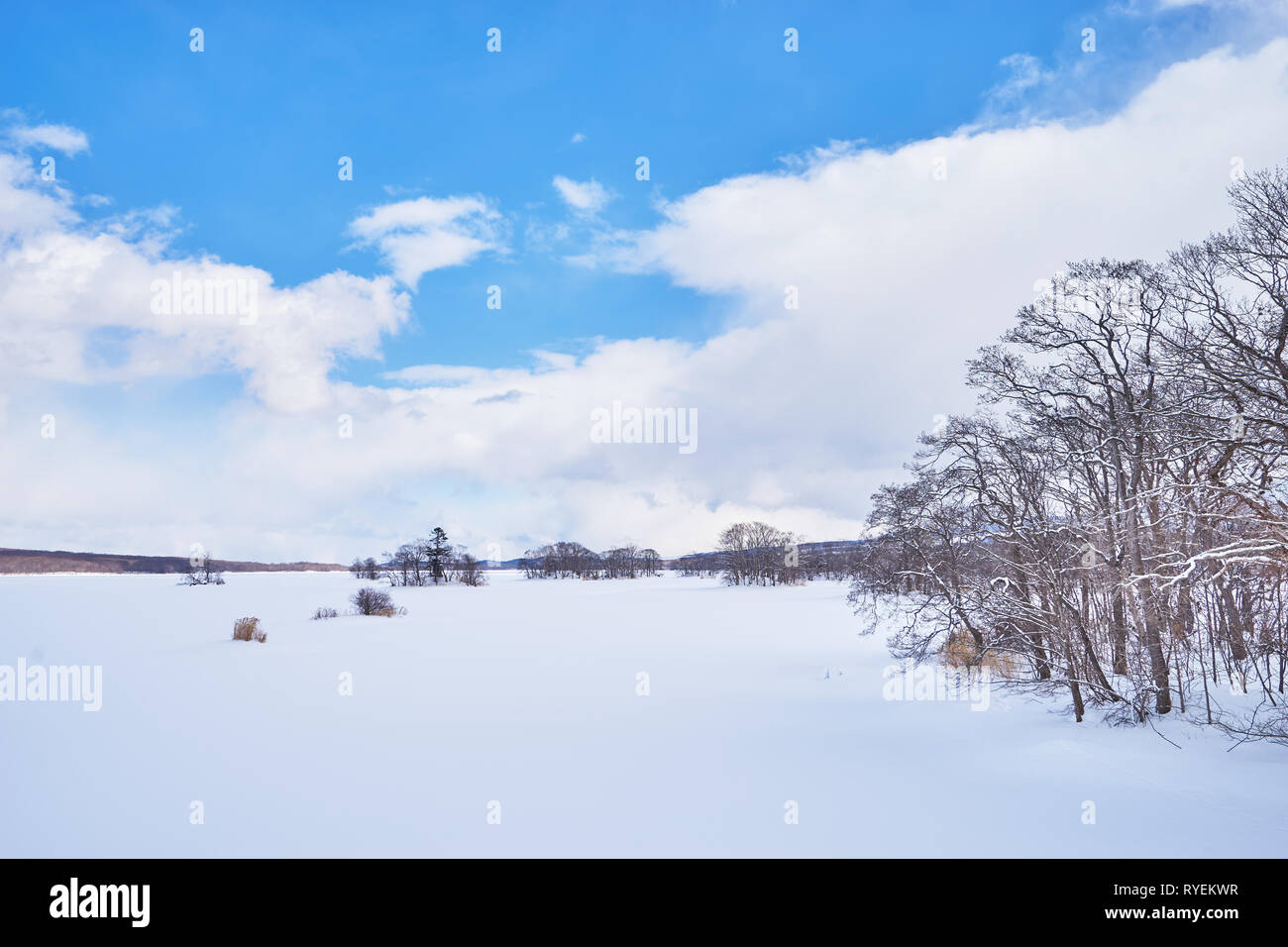 Beautiful landscape scenic of snow cover Onuma lake in Kameda district ...
