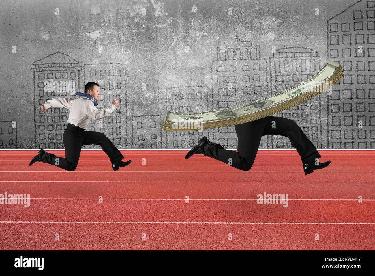 Man running after money with human legs, on red running track with city ...