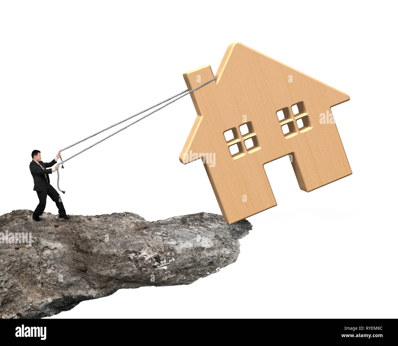 Man pulling rope to move wooden house on cliff edge, isolated on white ...