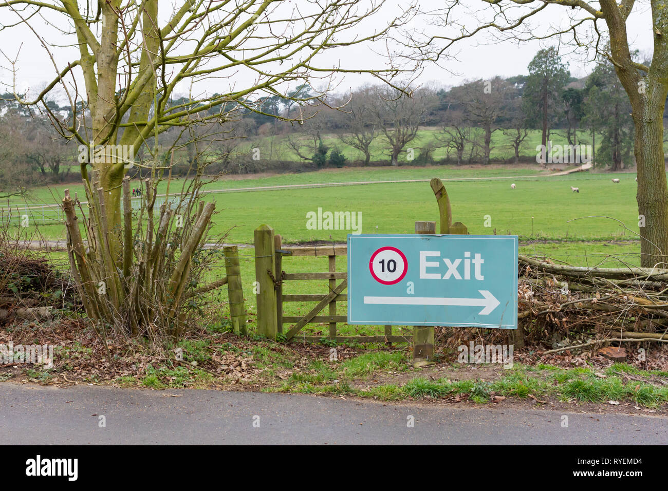 Exit road sign, Upton Country Park, Dorset, UK Stock Photo - Alamy