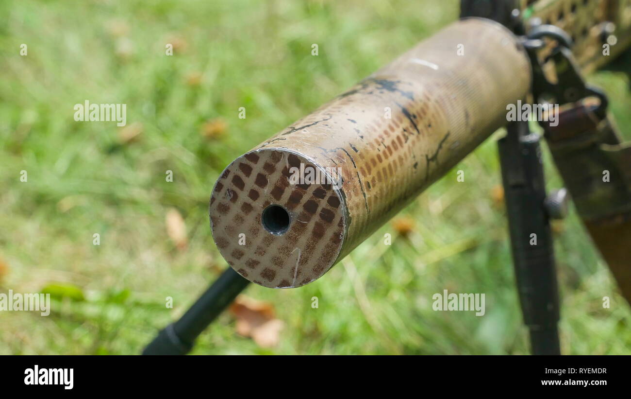 A brown sniper used for military operations laid on the grassy ground ...