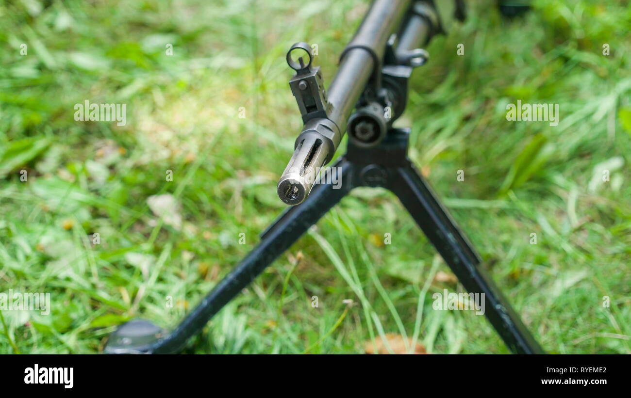 The stand of the sniper firearm on the ground displayed on the outside ...