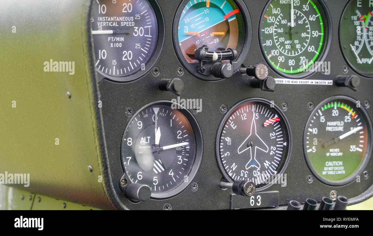 Numbers and buttons on the plane dashboard of the military aircraft ...