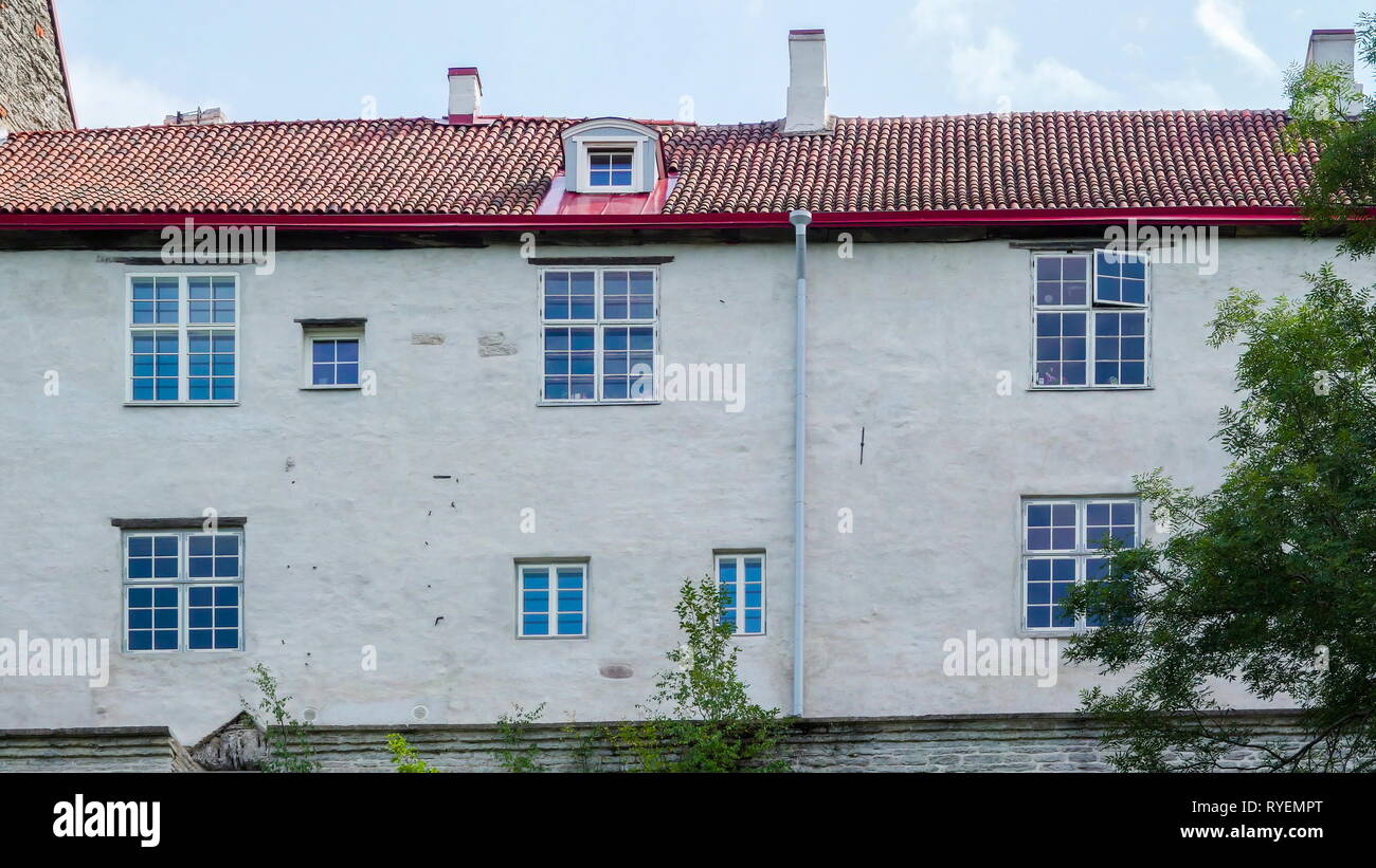 The window pane of the big white walled castle with the big wall and ...