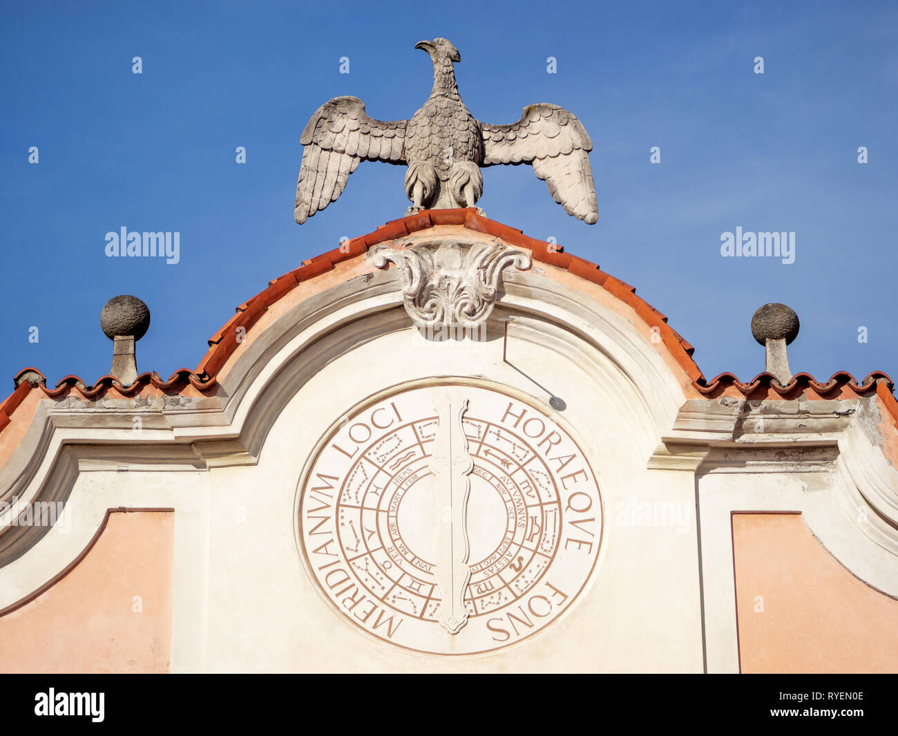 Varese - Italy, sundial on the Palace Estense pediment topped by an ...