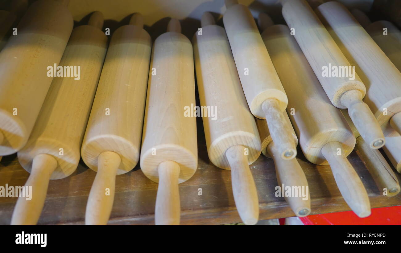 The rolling pins on the shelf of the kitchen used for rolling doughs in ...