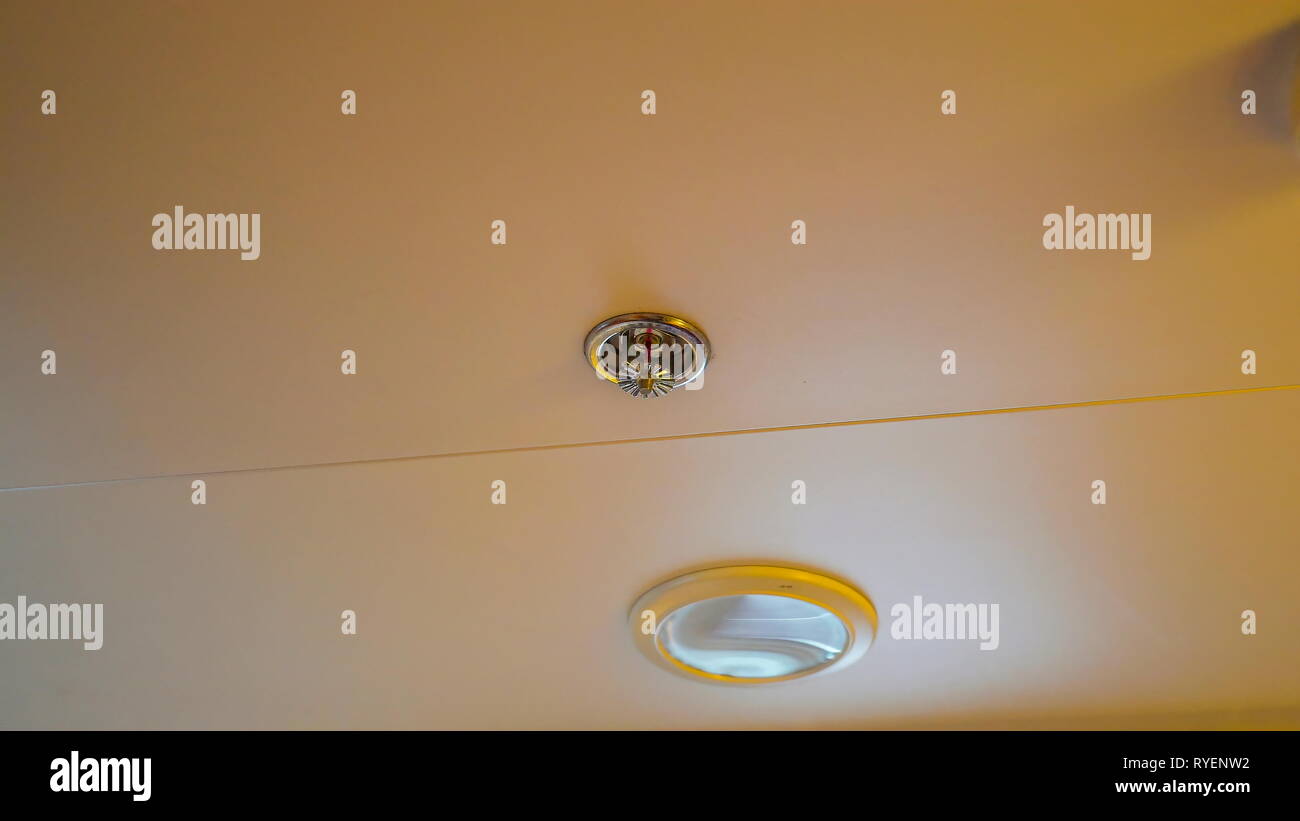 The fire sprinklers on the ceiling of the room inside the cruise ship ...