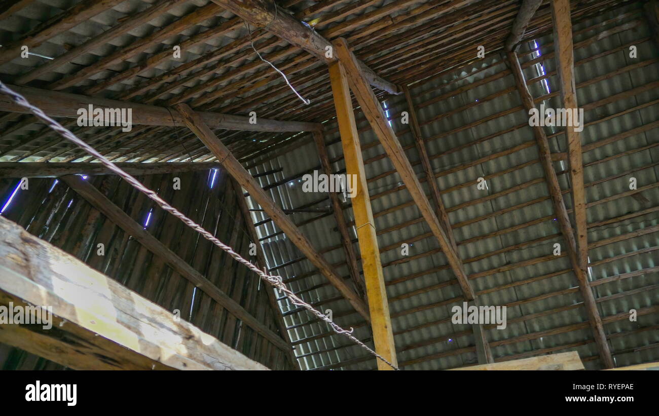 The closer look of the roof ceiling of the factory and the railings on ...