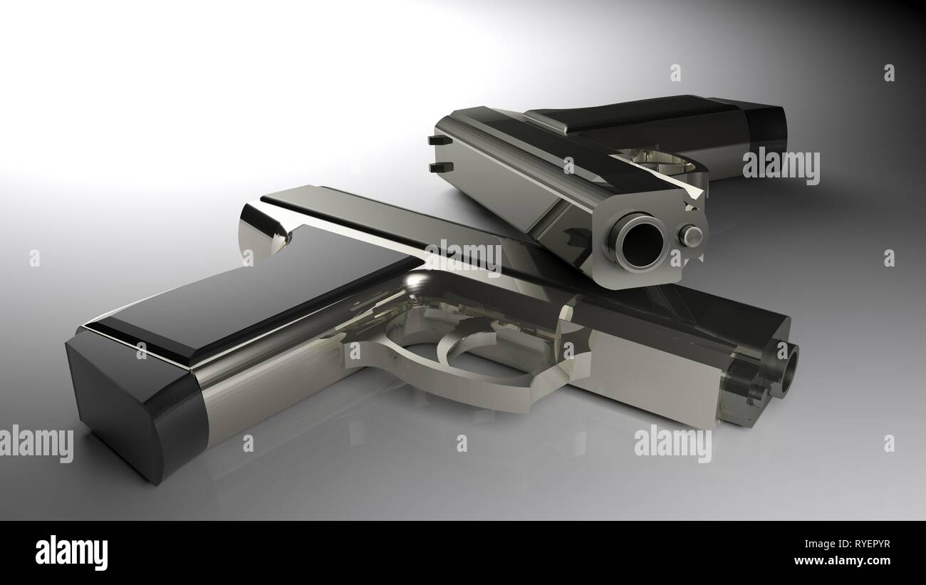 Two guns laying on a white glossy table - 3D rendering illustration ...