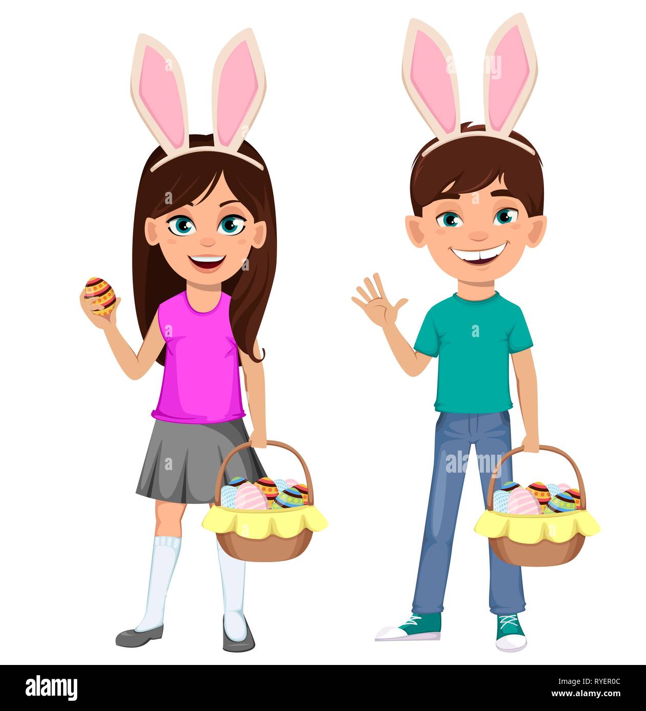 Happy Easter. Funny children cartoon characters wearing bunny ears ...