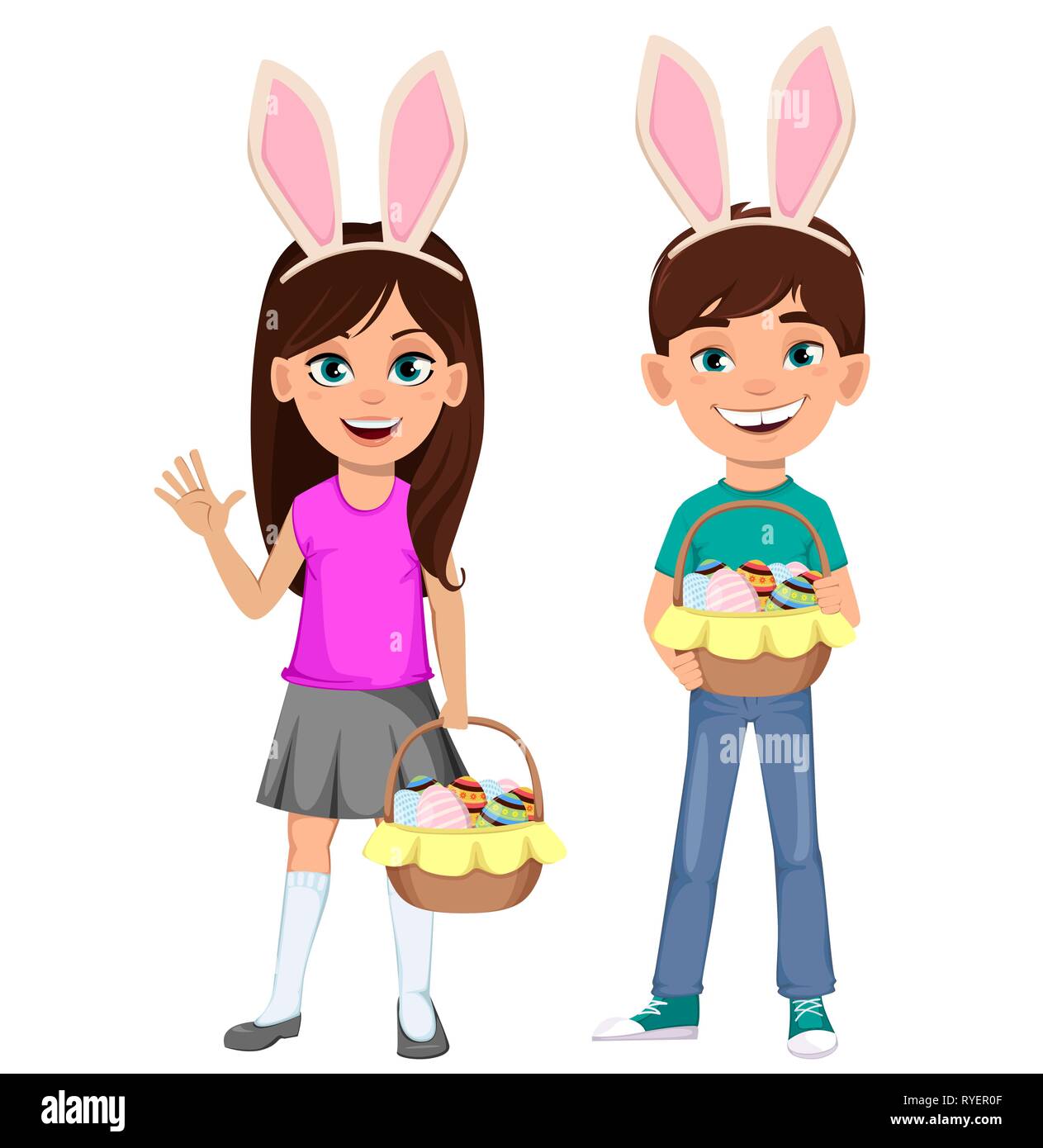 Happy Easter. Funny children cartoon characters wearing bunny ears ...