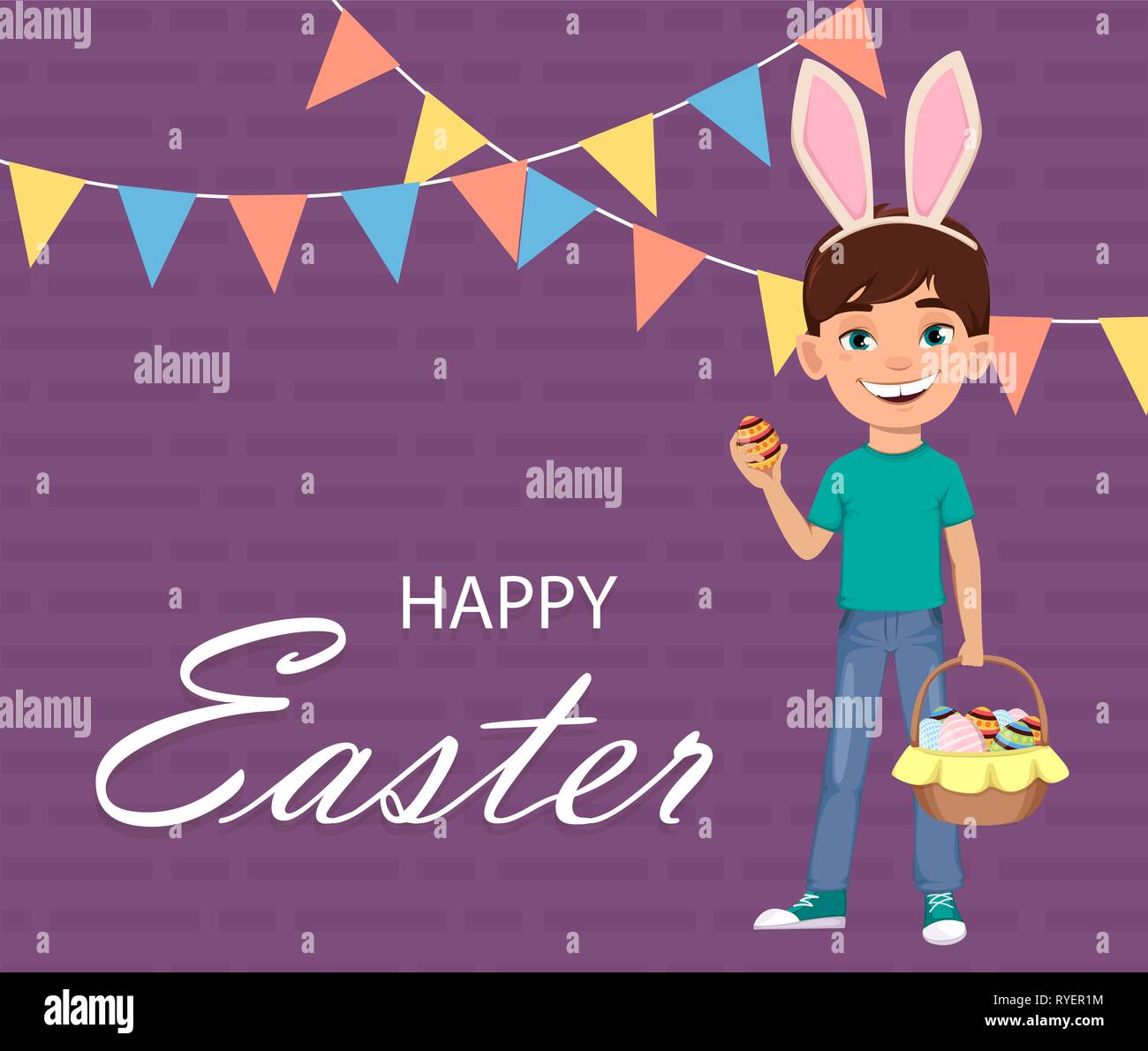 Happy Easter greeting card with child. Cute boy wearing bunny ears ...