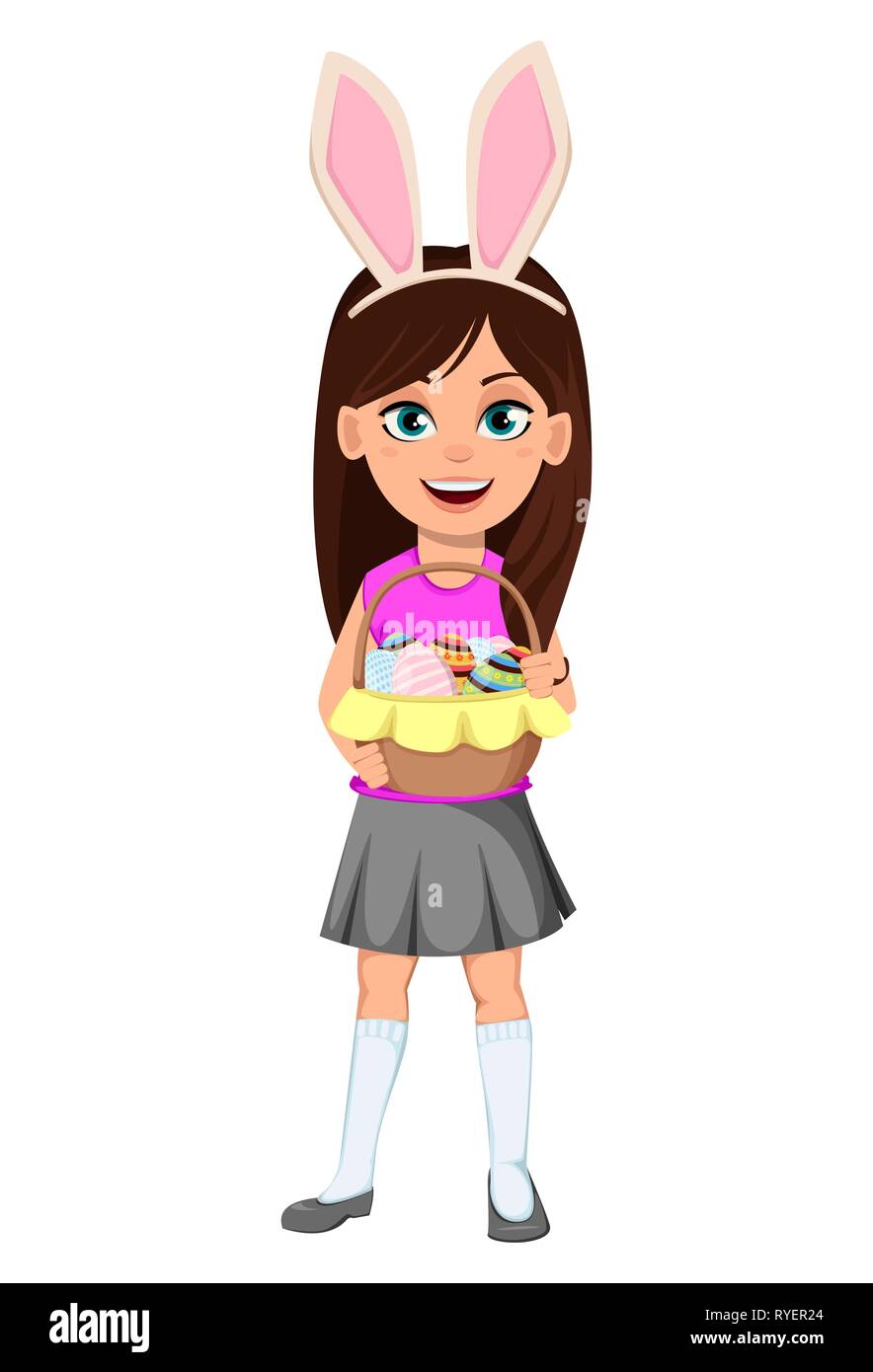 Happy Easter child. Cute girl wearing bunny ears. Funny cartoon ...