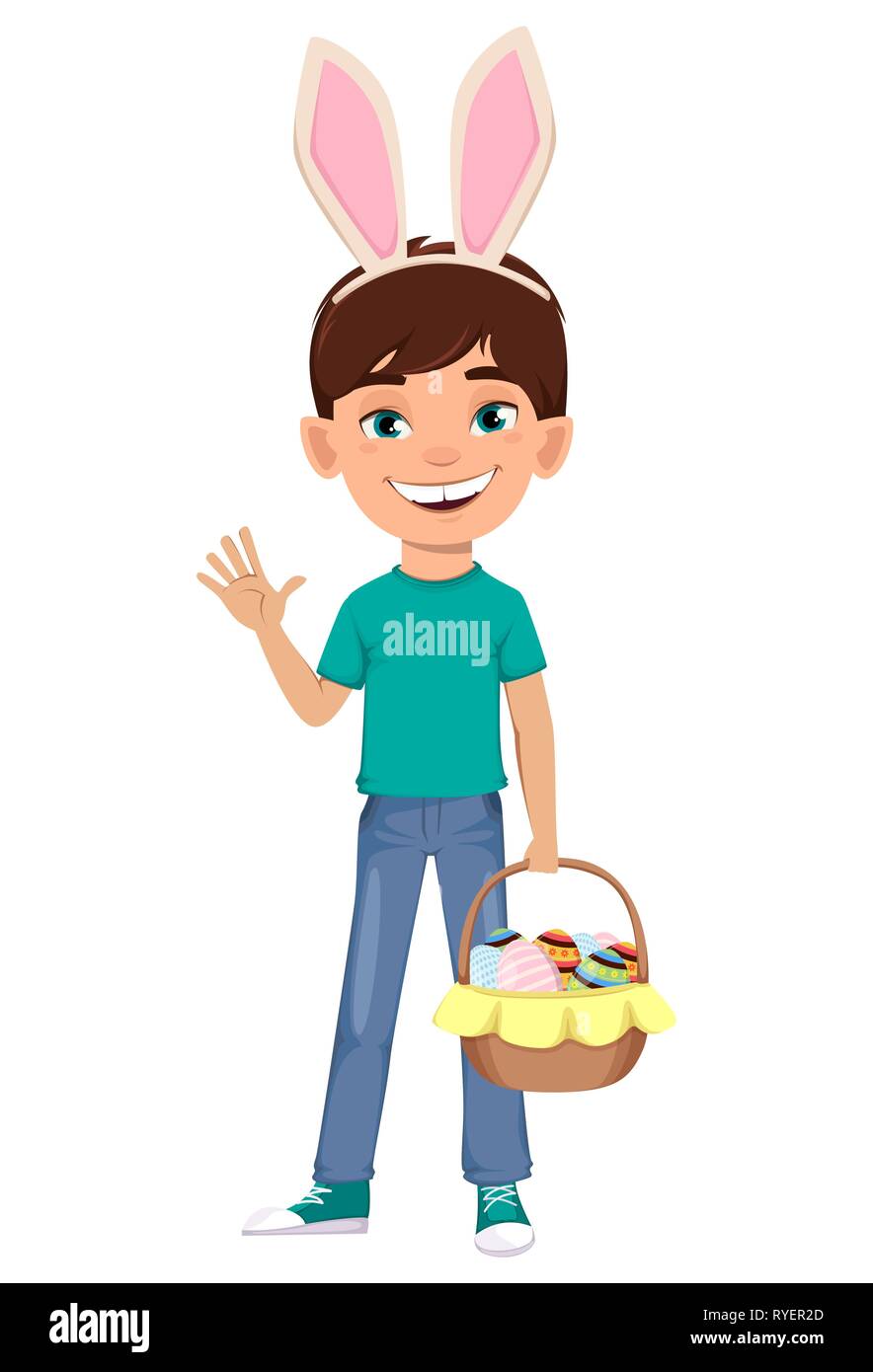 Happy Easter child. Cute boy wearing bunny ears. Funny cartoon ...
