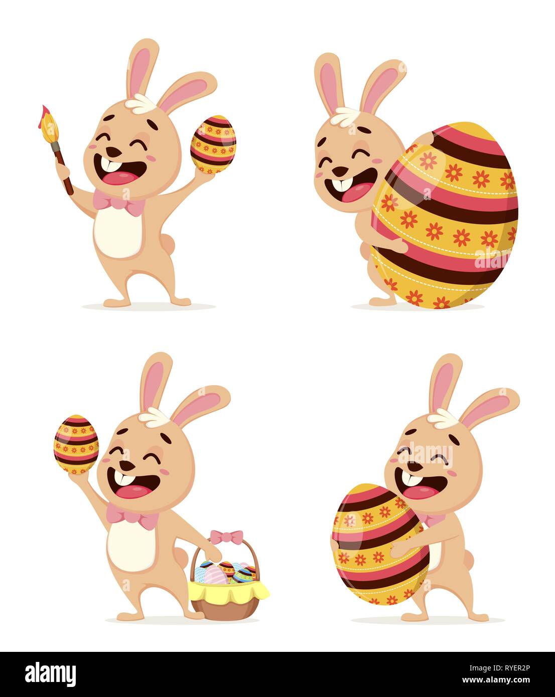 Happy Easter greeting card. Cute rabbit cartoon character, set of four ...