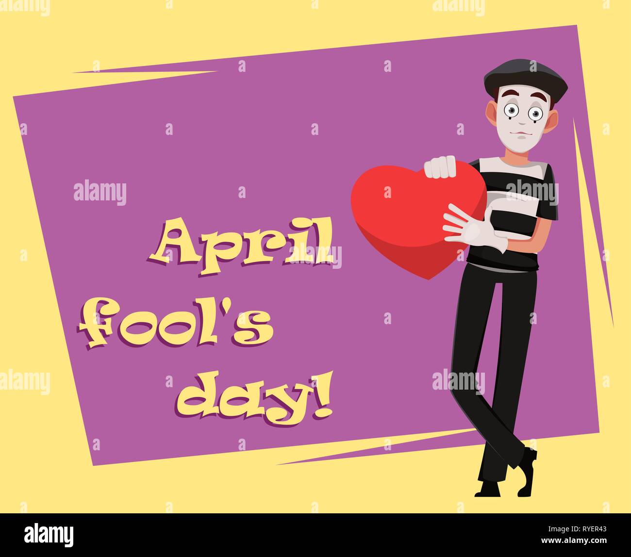 April Fools Day Greeting Card With Mime Holding Big Red Heart Funny Cartoon Character