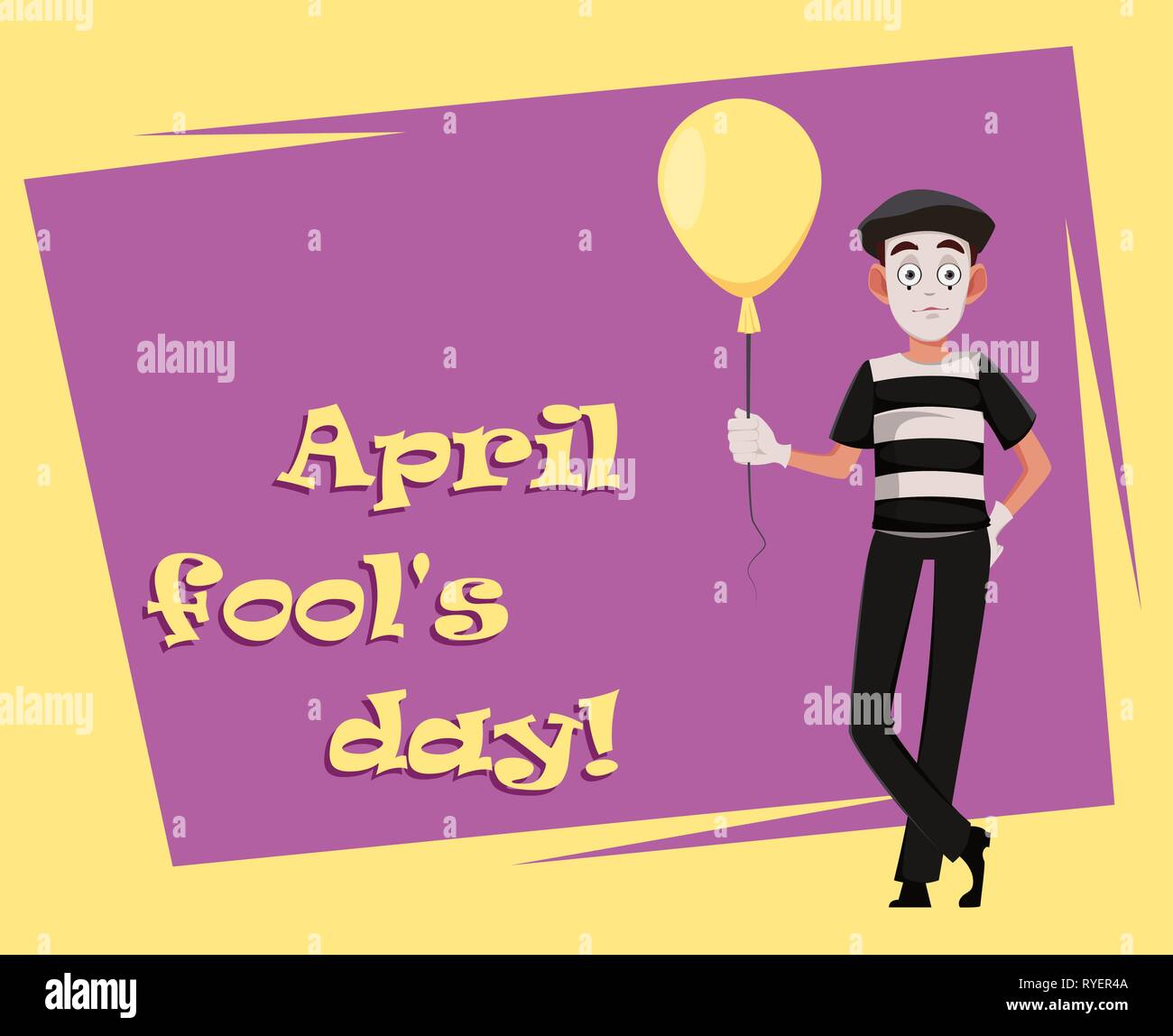 April Fool's Day greeting card with mime holding yellow balloon. Funny ...