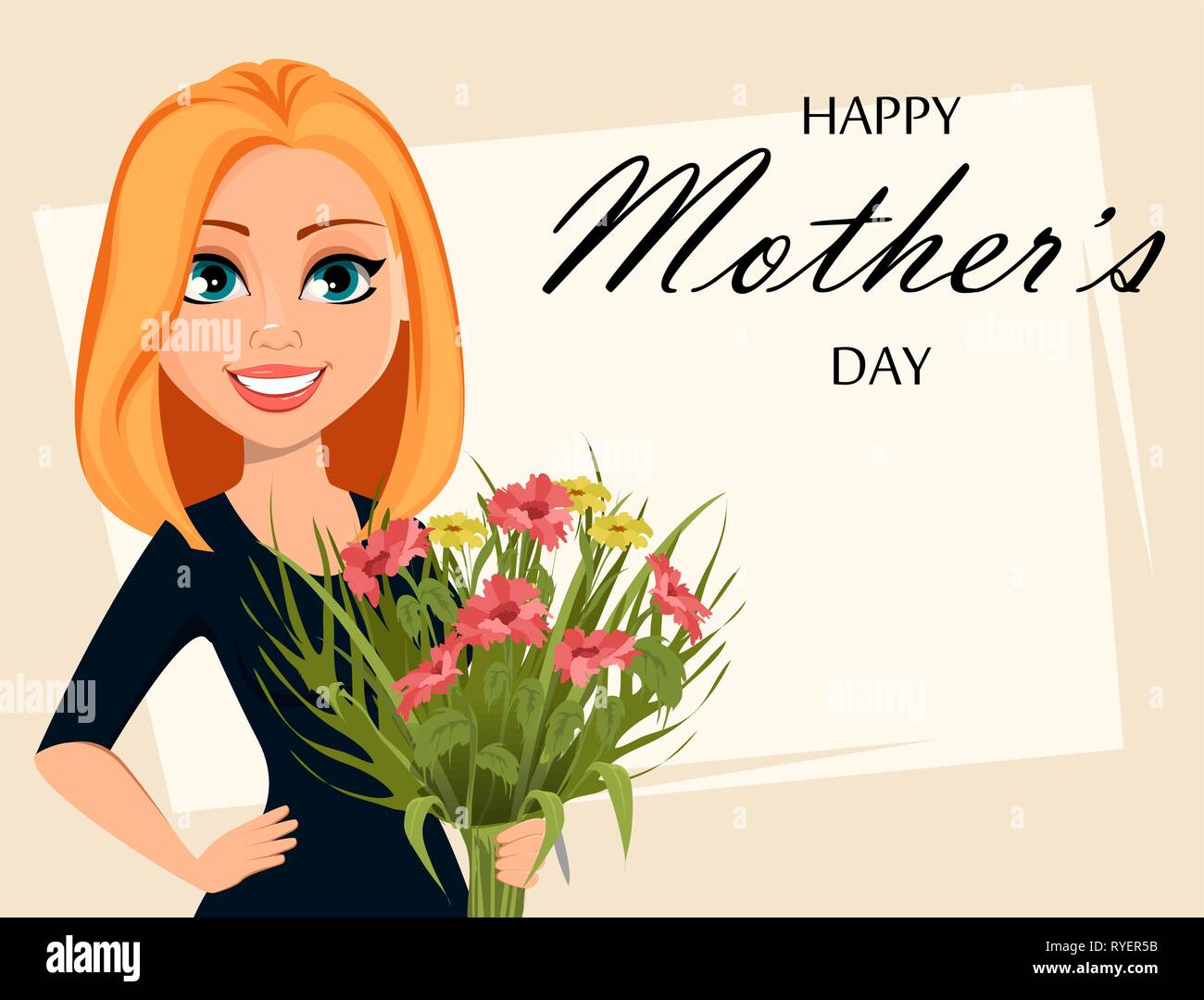 Greeting Card For Mothers Day Happy Attractive Woman With A Bouquet