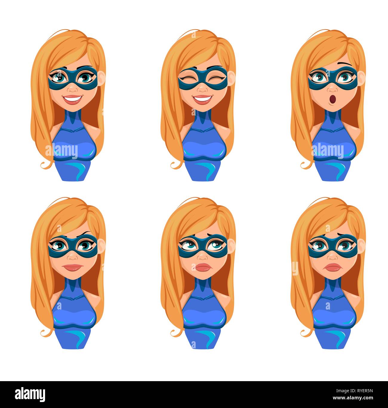 Face expressions of super woman. Different female emotions set. Usable ...