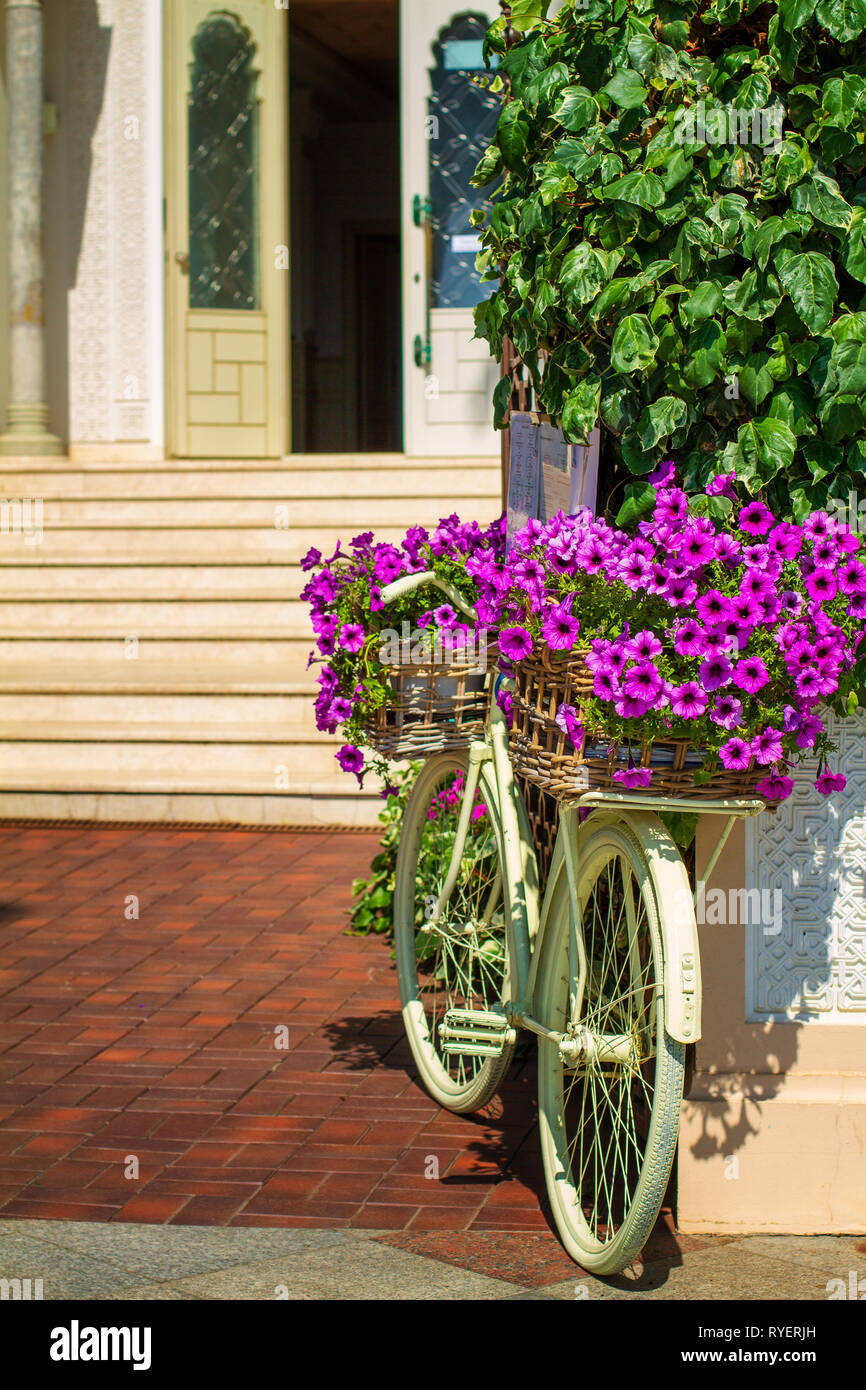 decorative bike with flowers standing in front of the building Stock ...
