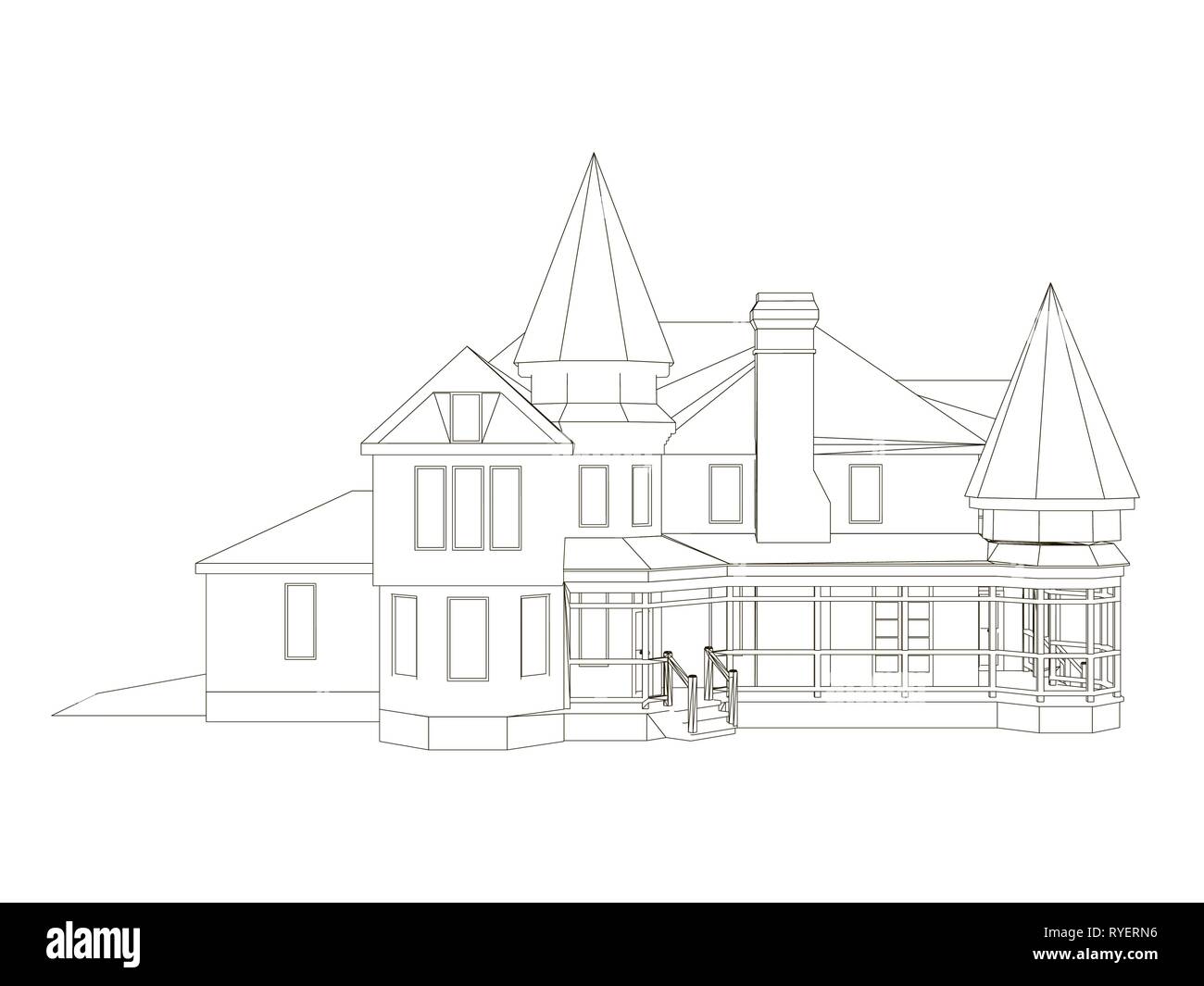 Outline of the building of black lines on a white background. Outline ...