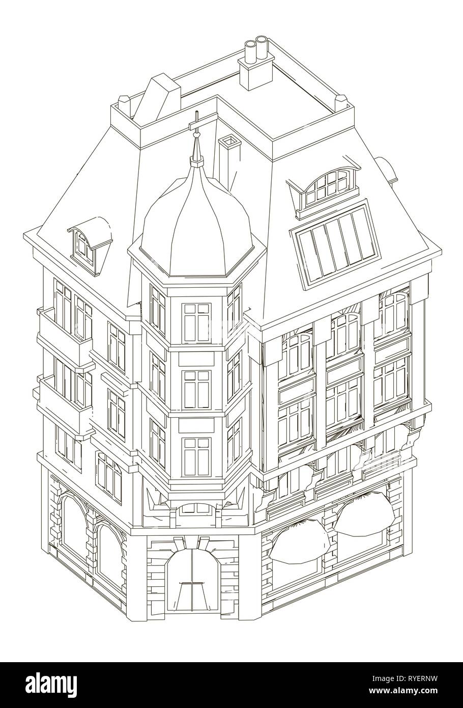 Outline of the building of black lines on a white background. Outline ...