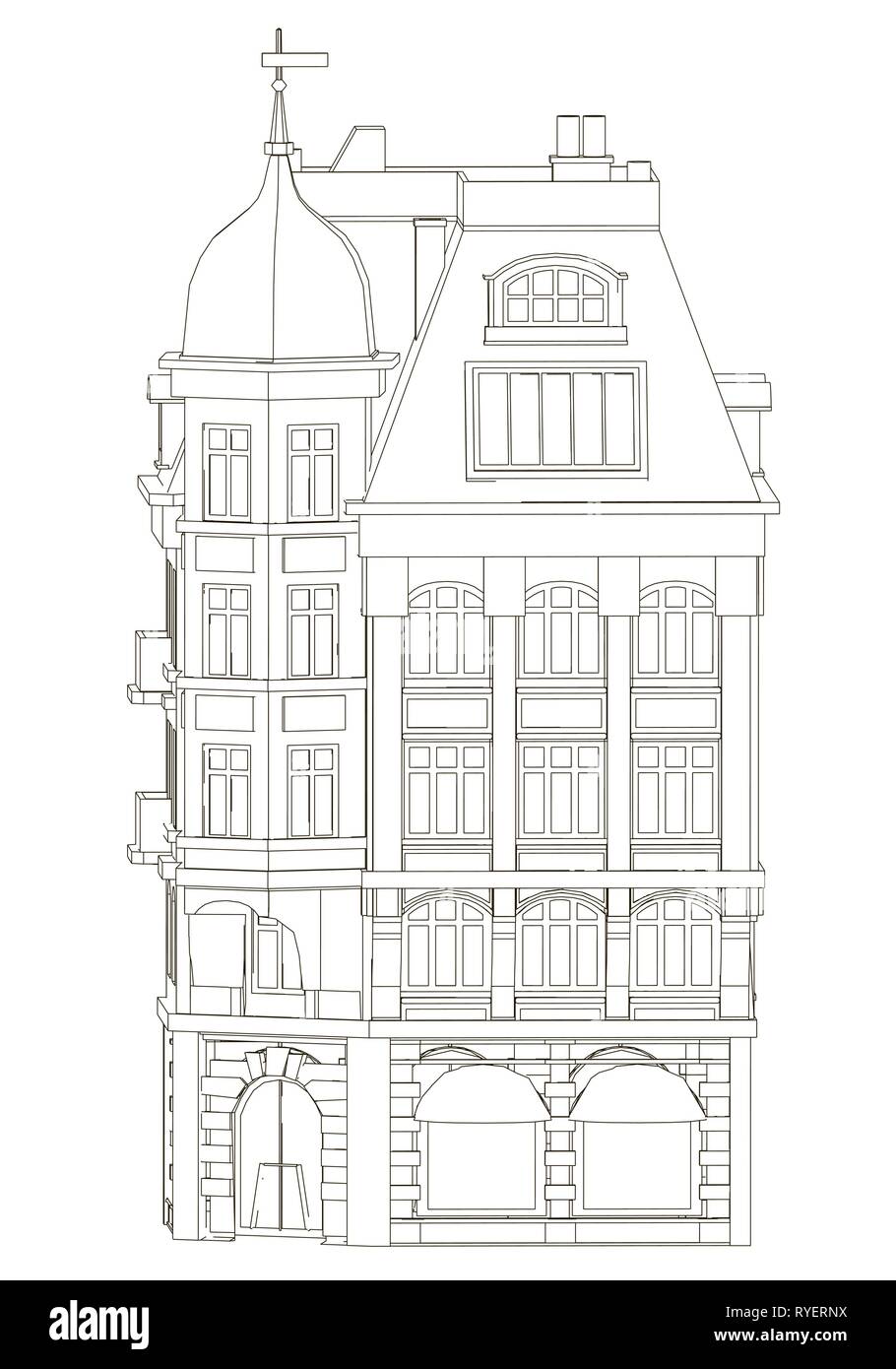 Outline of the building of black lines on a white background. Outline ...