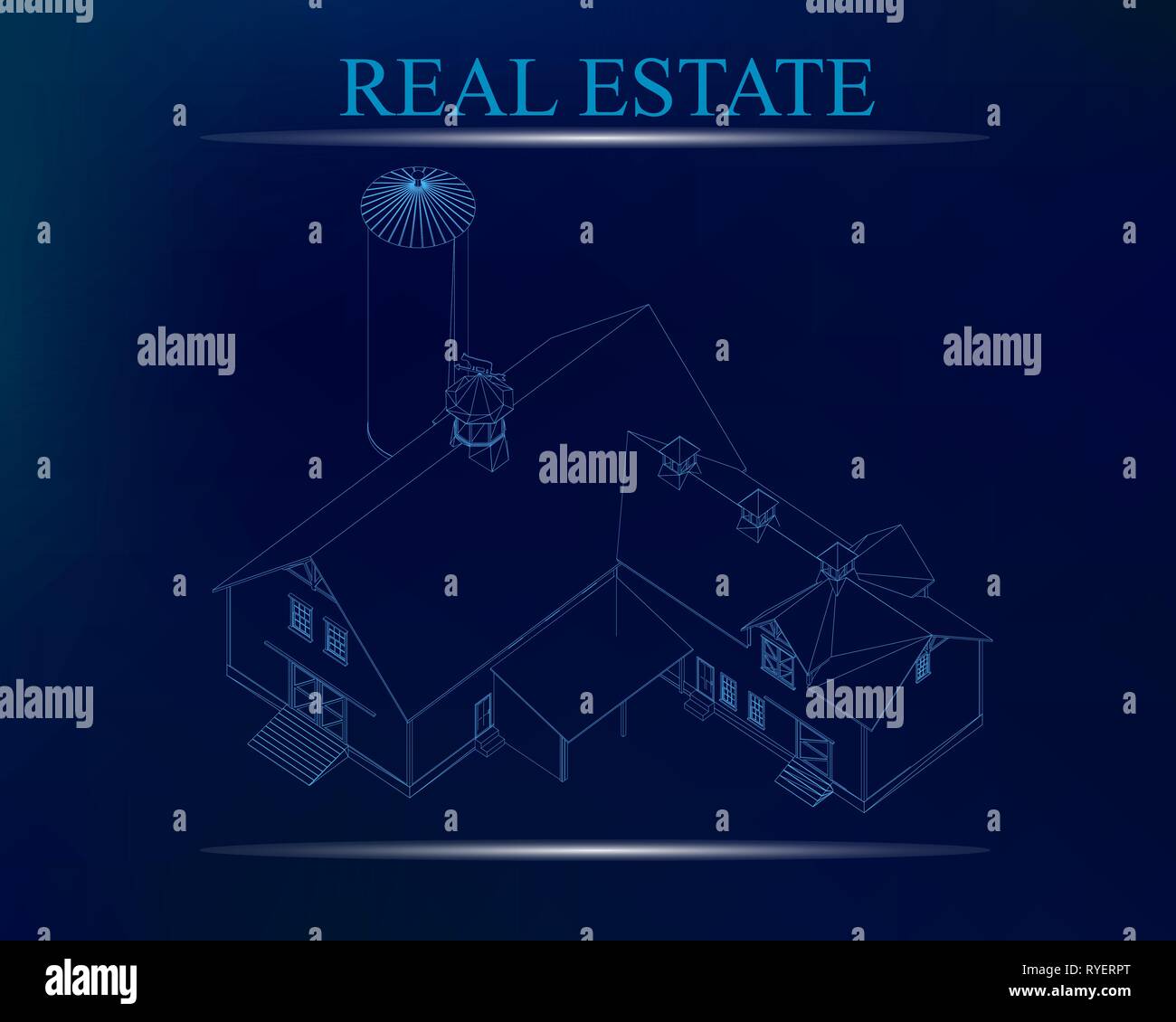 Wireframe of the building of the blue lines on a dark background ...