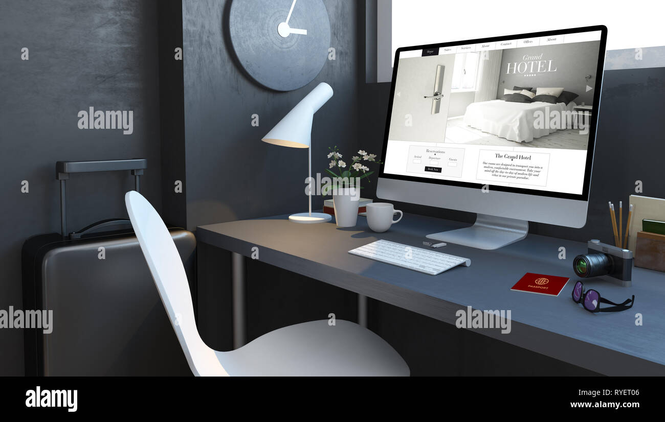 Navy desktop with travel accesories and grand hotel website on computer ...
