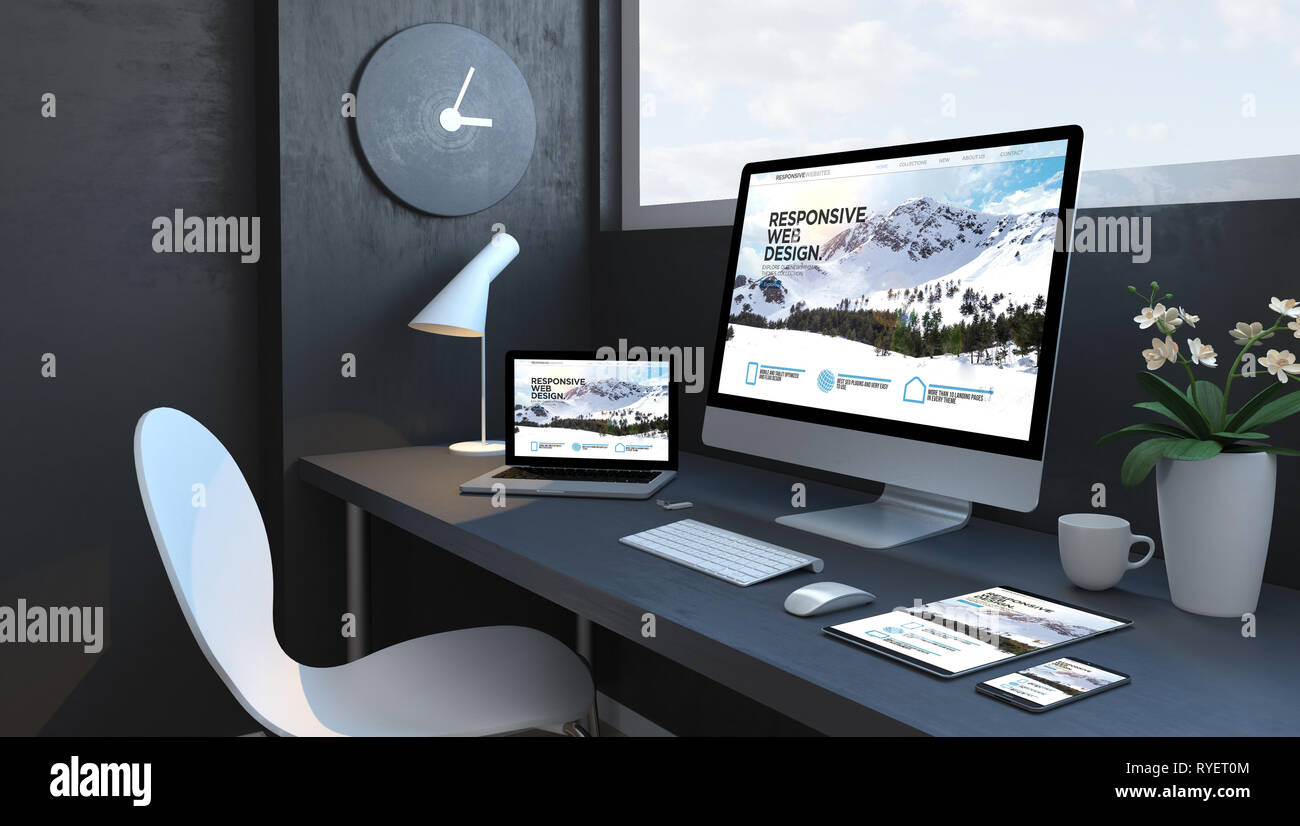 Navy blue workspace with responsive website devices 3d rendering design ...