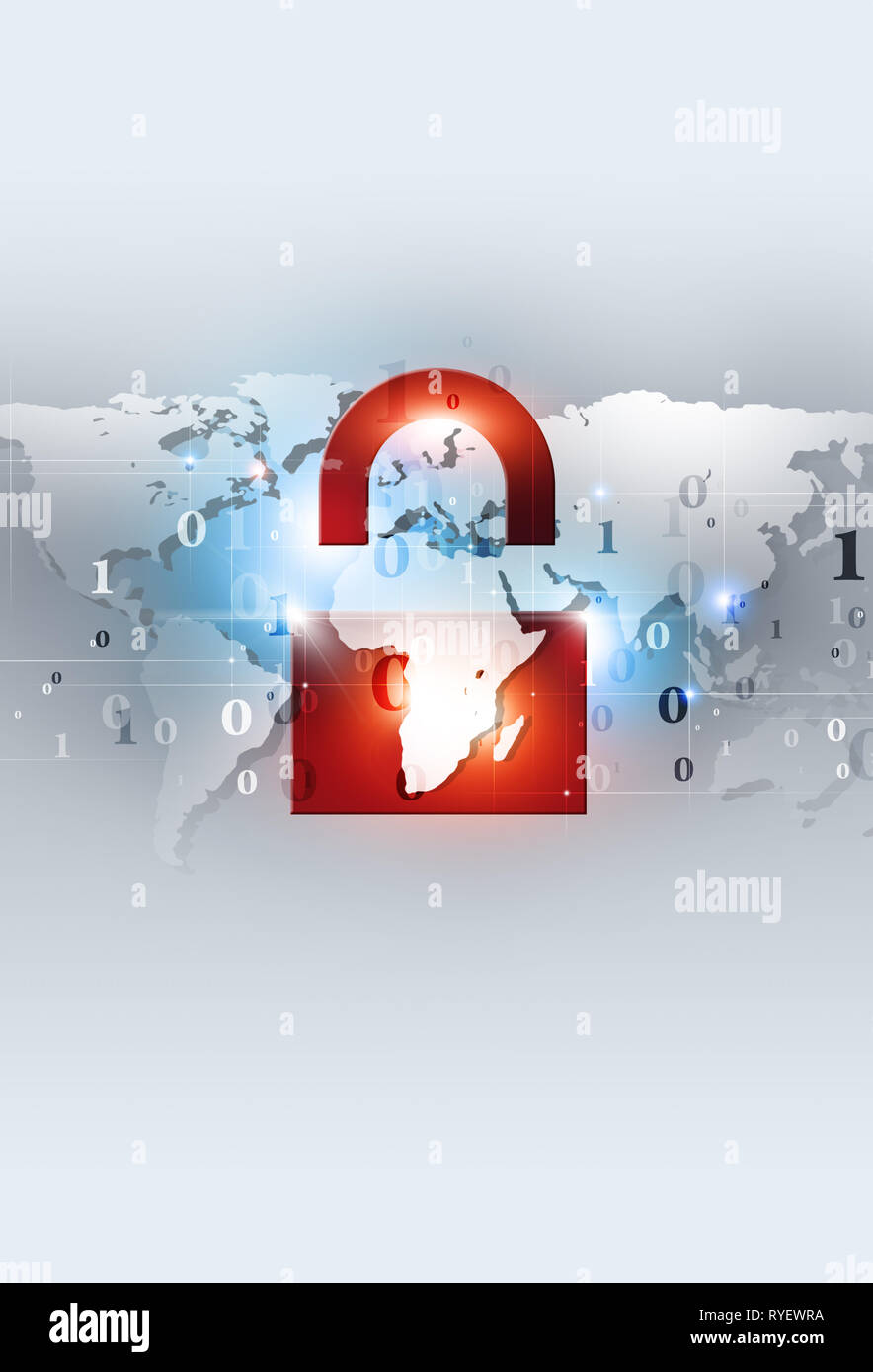 binary code web defence technology background with red lock blocking ...