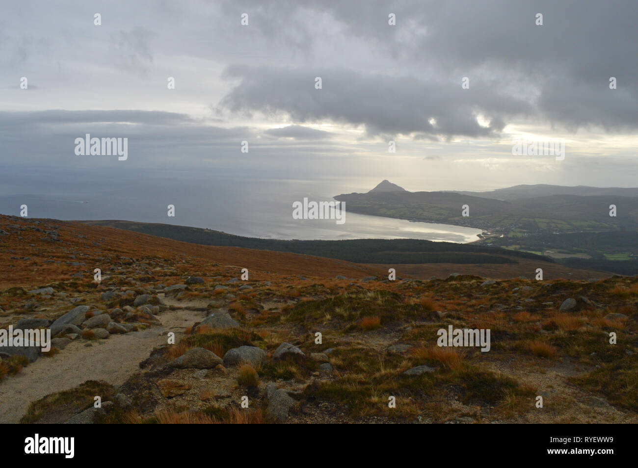 Path on walk up to summit of Goatfell, Isle of Arran and ferry crossing ...