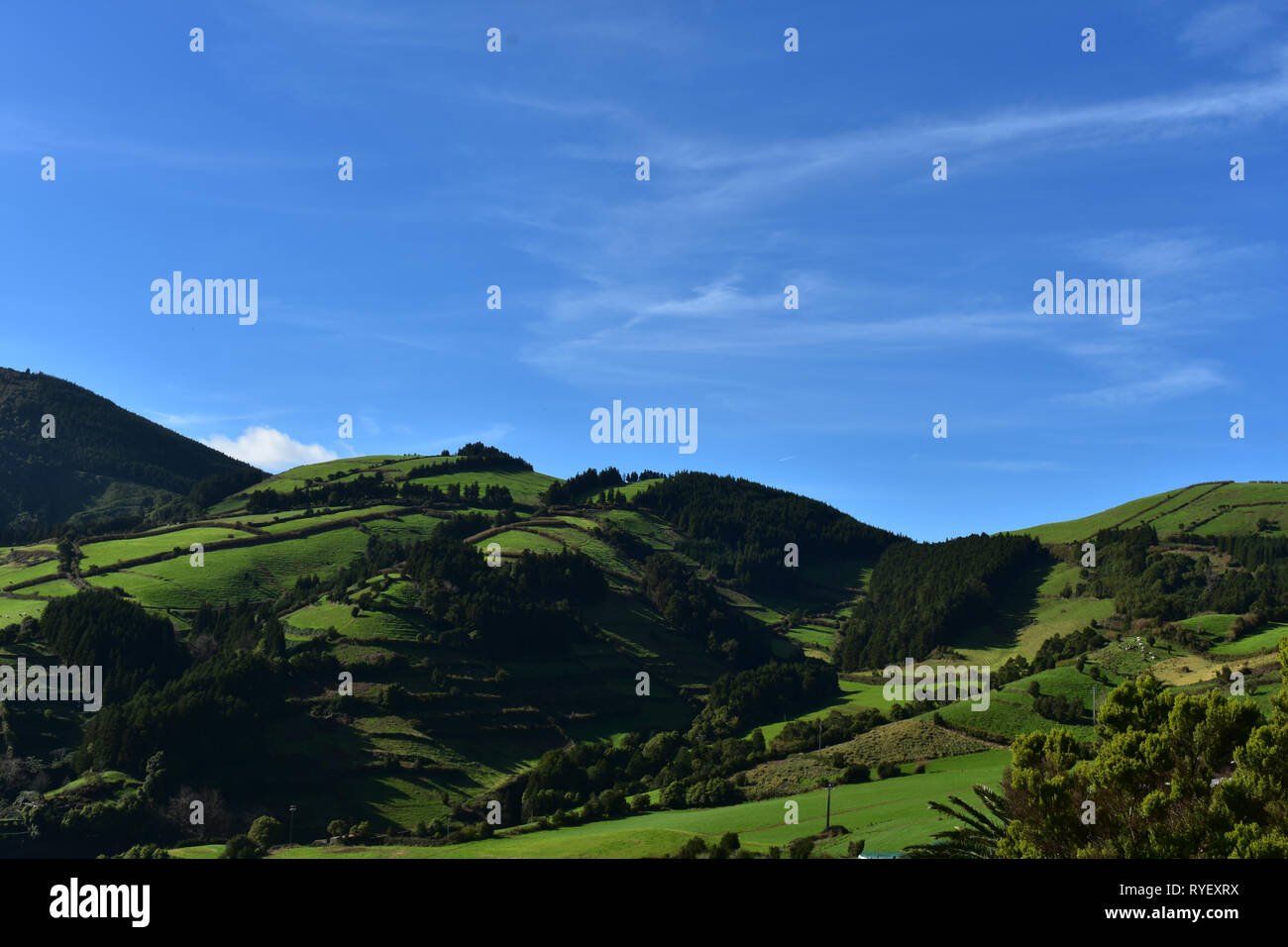 Beautiful panoramic views of scenic rolling green hills and fields ...