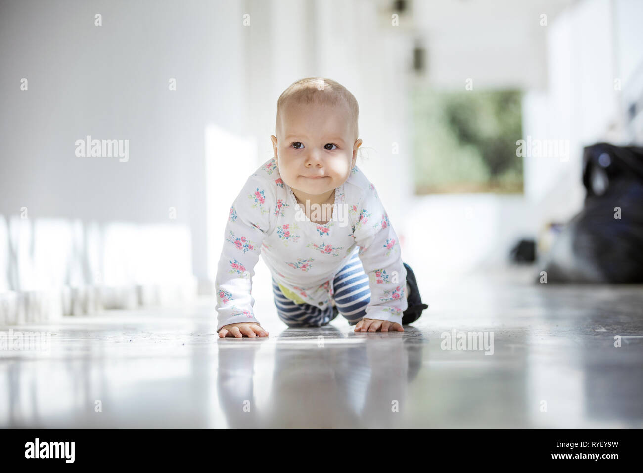 Cute baby girl crawling along open passage in house Stock Photo - Alamy