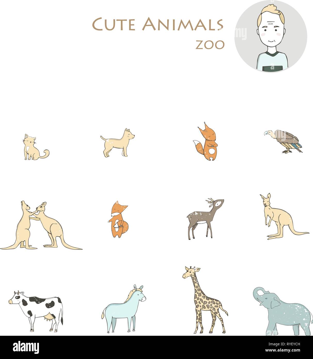 Zoo cute animals hand drawn set. Farm collection illustration, isolated ...