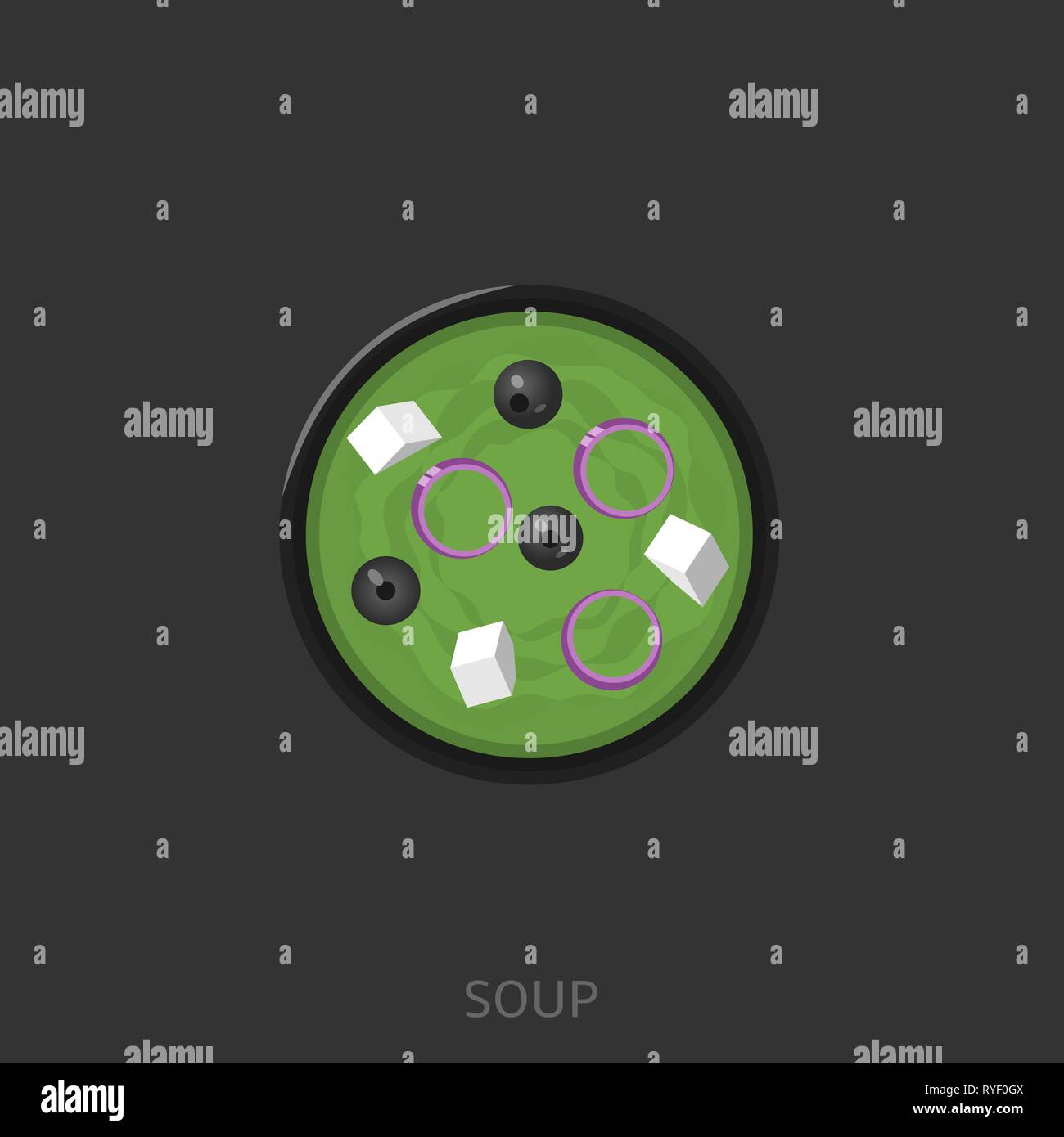 Soup. Soup with black olives, onion and chees feta in a black bowl Top ...