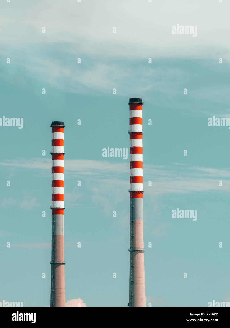 Red And White Chimney Of Power Plant Factory Stock Photo - Alamy