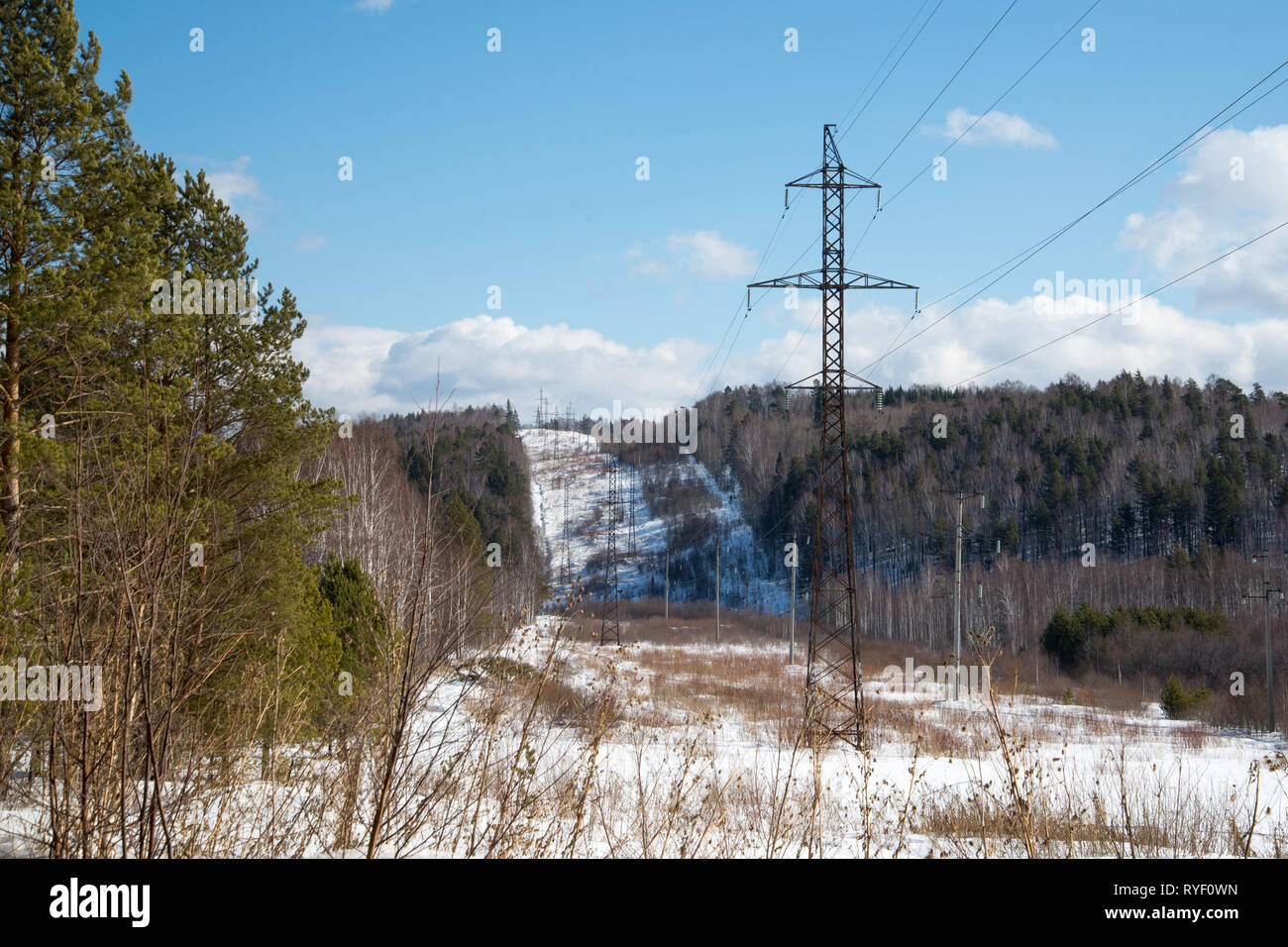 power line in the winter forest landscape Stock Photo - Alamy