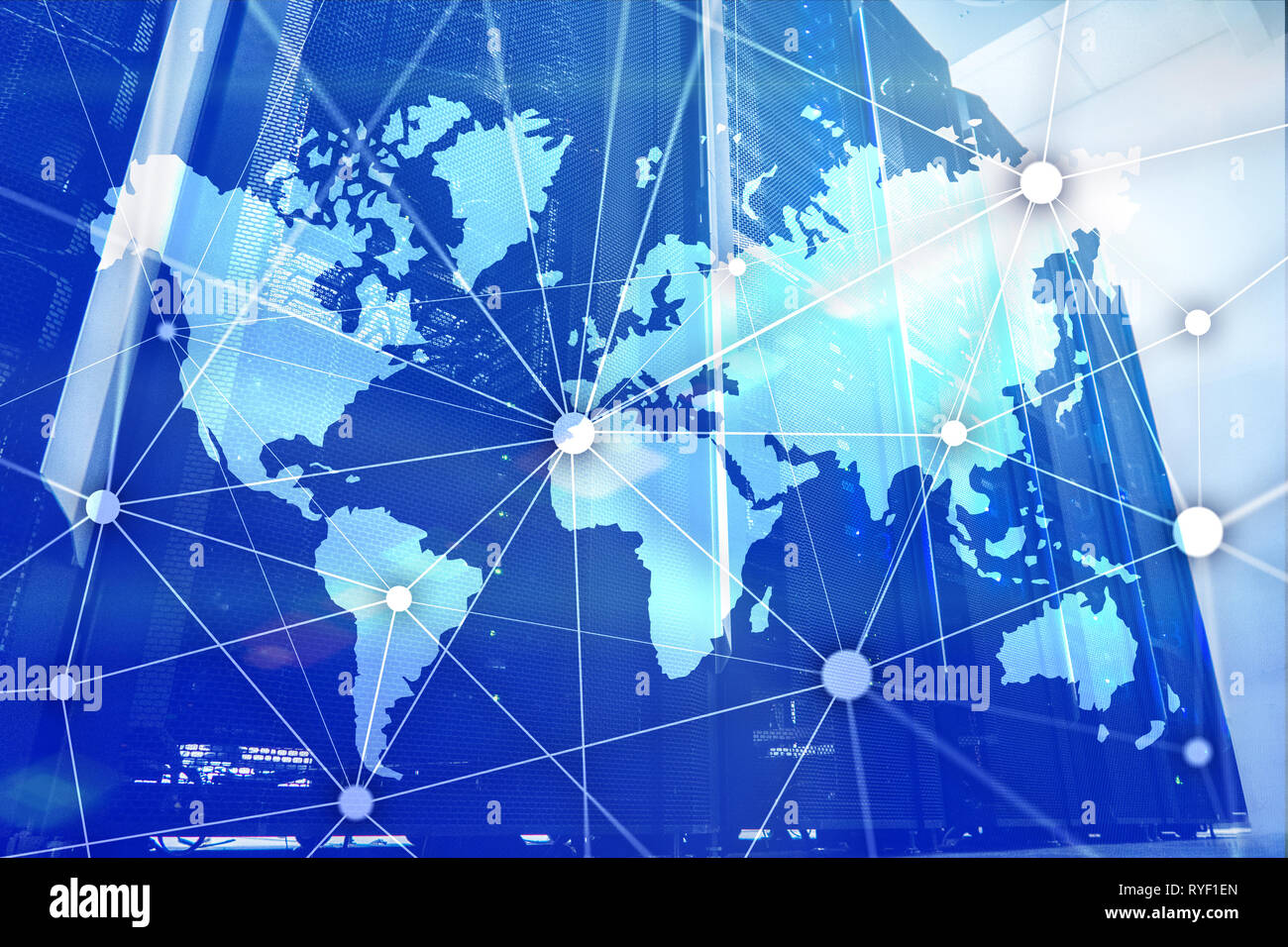 World map with communication network on server room background Stock ...