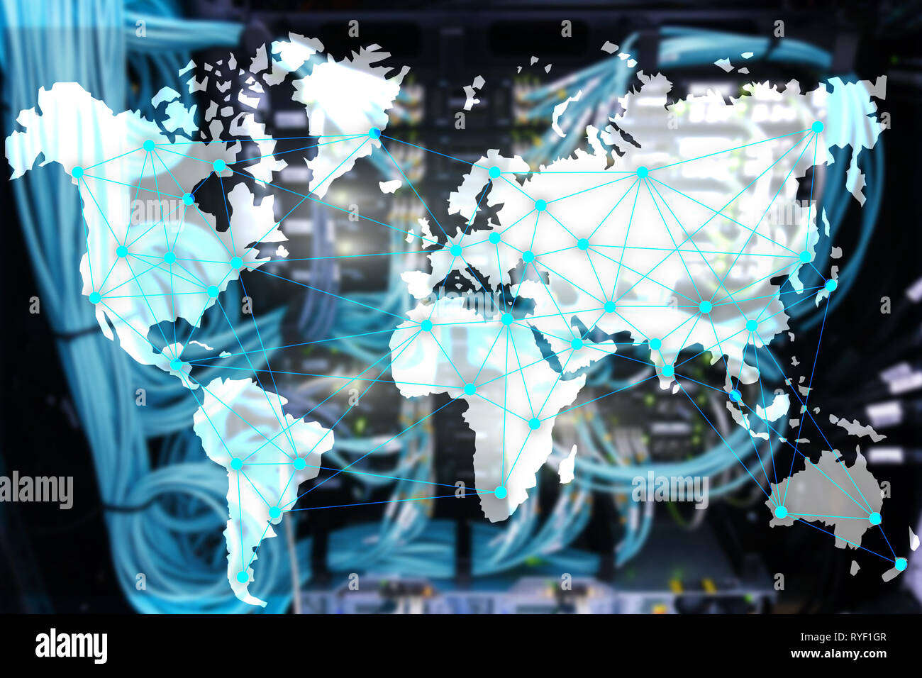 Internet and telecommunication concept with world map on server room ...