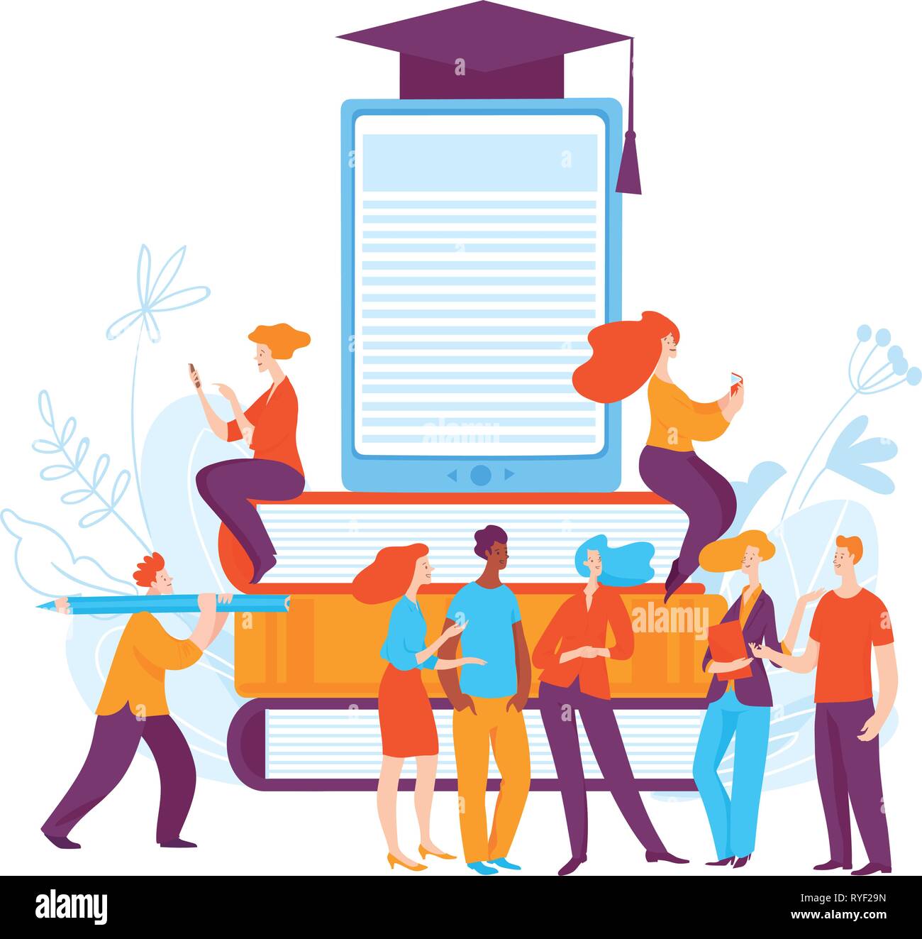 Vector concept illustration with people in on-line education process ...