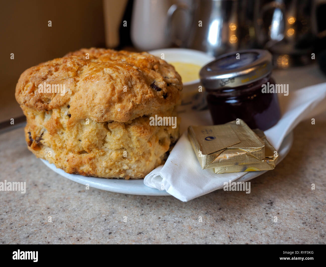 Pot of jam with butter and scone hi-res stock photography and images ...