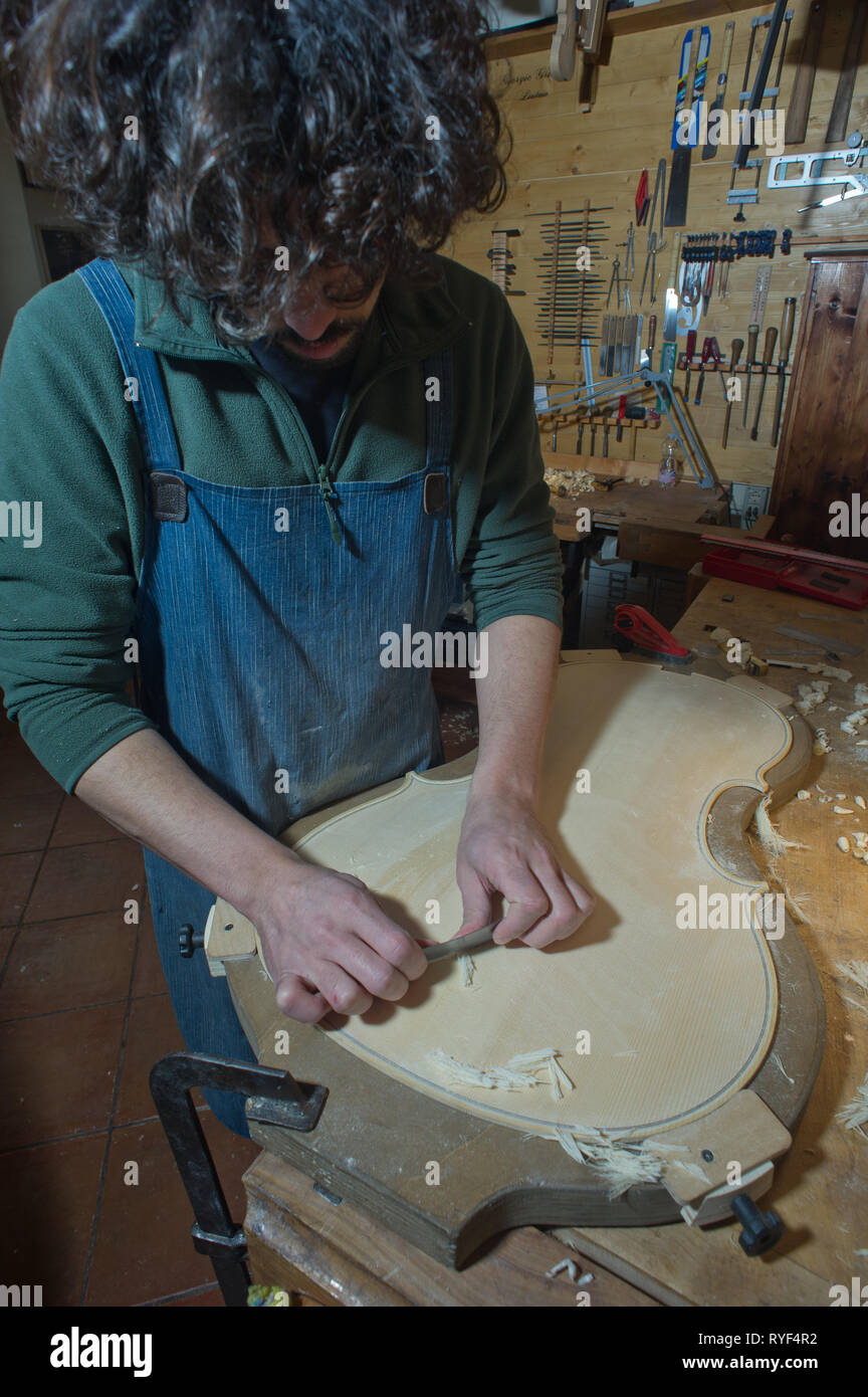 Europe, Italy, Lombardy, Cremona, workshop of artisan luthier. Master ...