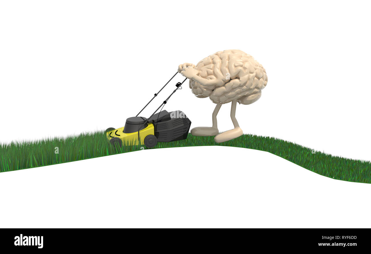 Brain cartoon with Lawnmower cutting grass, isolated on white ...
