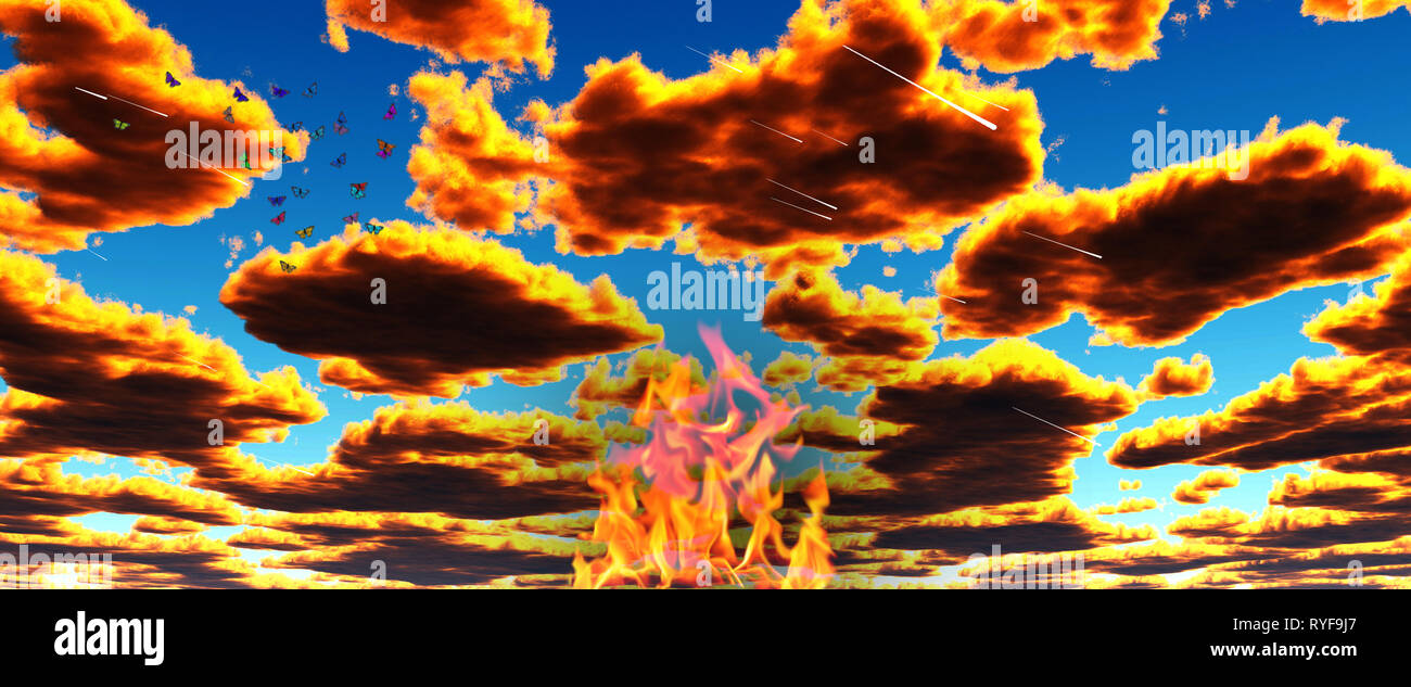 Surreal landscape. Fire in the sky. Butterflies in vivid clouds Stock ...